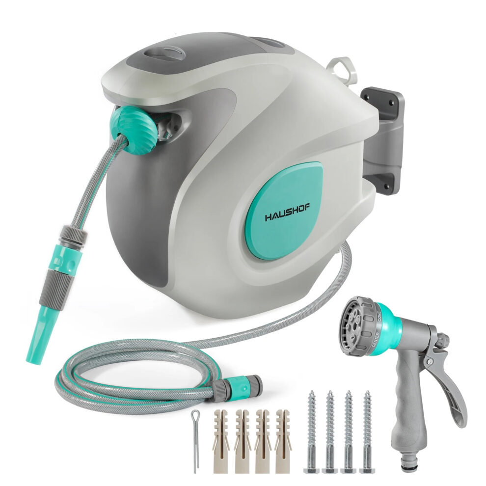 Enrouleur de tuyau d'arrosage mural avec tuyau et embout • Mister Arrosage